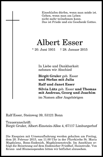 Traueranzeigen von Albert Esser | ga.trauer.de