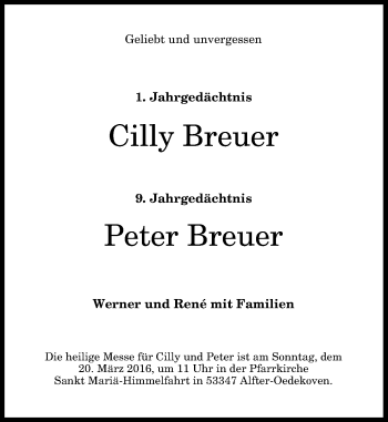 Traueranzeigen von Cilly und Peter Breuer | ga.trauer.de