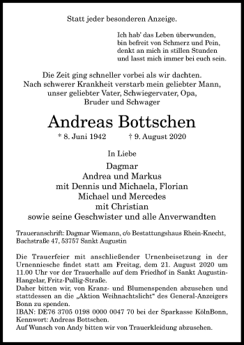 Traueranzeigen von Andreas Bottschen | ga.trauer.de
