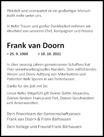 Traueranzeigen von Frank van Doorn | ga.trauer.de