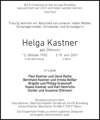 Traueranzeigen von Helga Kastner | GA-Trauer.de