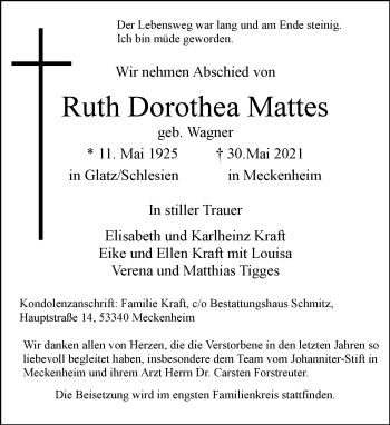 Traueranzeigen von Ruth Dorothea Mattes | GA-Trauer.de