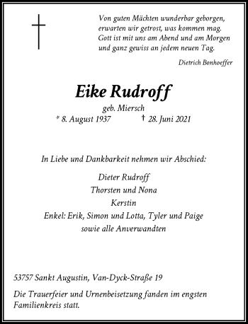 Traueranzeigen von Eike Rudroff | GA-Trauer.de