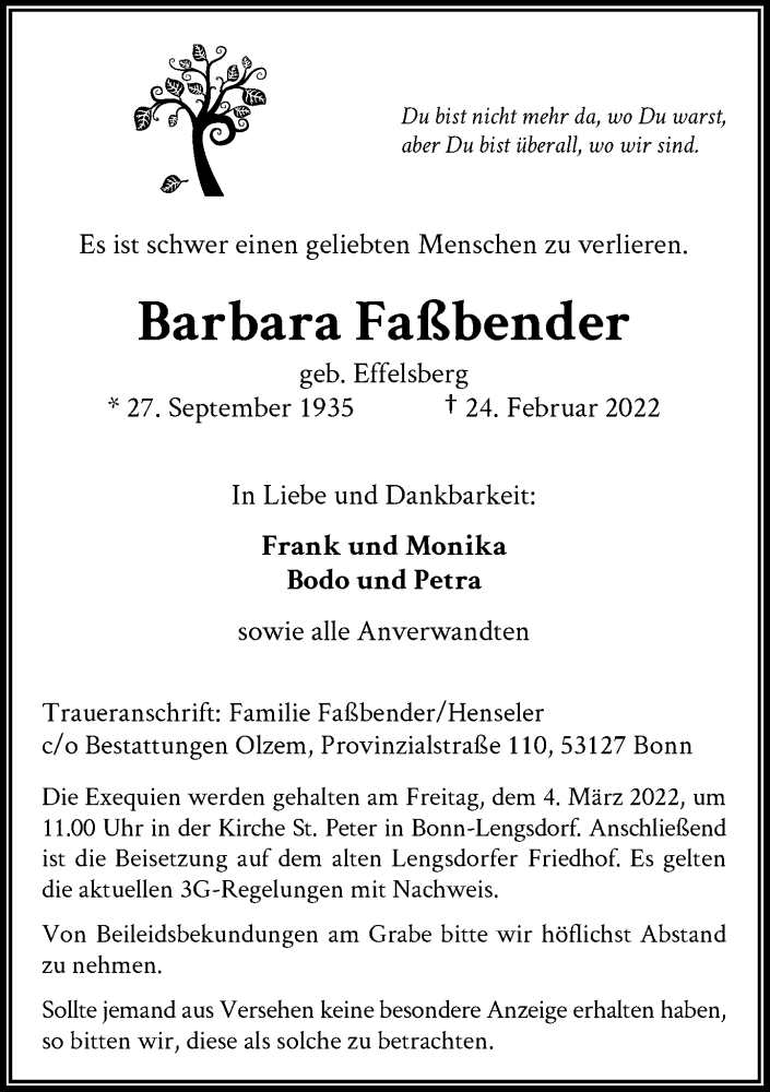 Traueranzeigen von Barbara Faßbender | ga.trauer.de