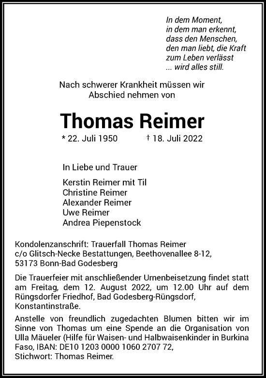 Traueranzeigen von Thomas Reimer | ga.trauer.de