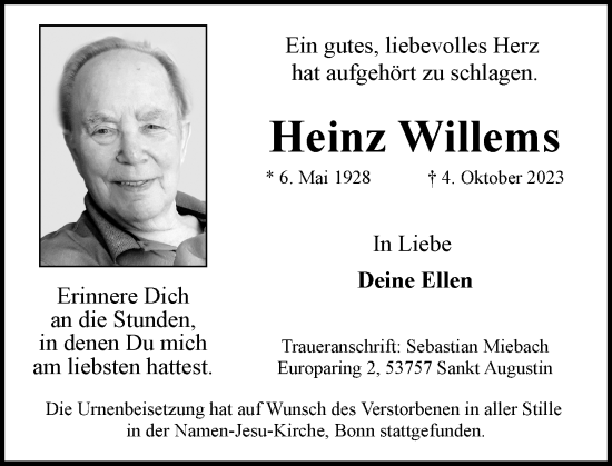 Traueranzeigen von Heinz Willems | ga.trauer.de