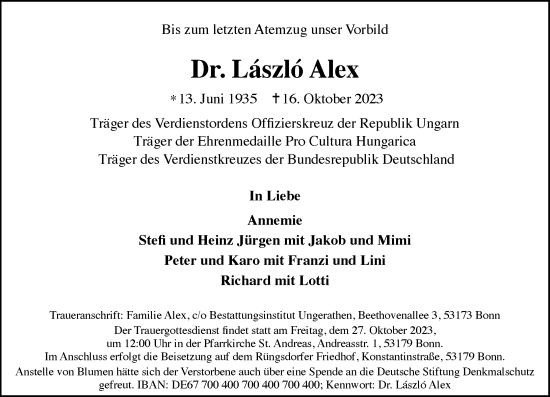 Traueranzeigen von László Alex | ga.trauer.de