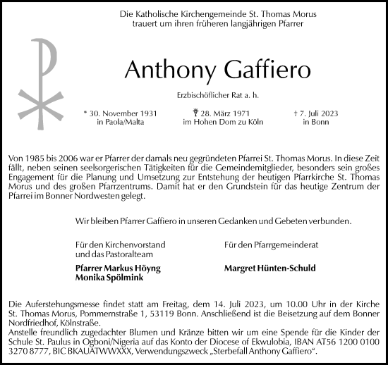 Traueranzeigen von Anthony Gaffiero | ga.trauer.de