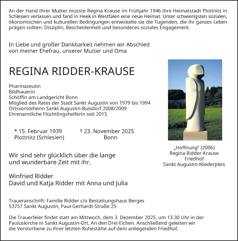 Traueranzeigen von Regina Ridder-Krause | ga.trauer.de