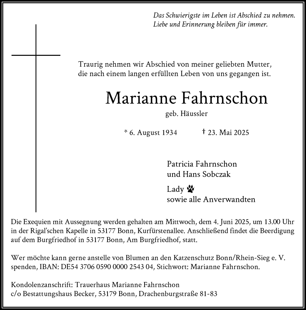 Traueranzeigen von Marianne Fahrnschon | ga.trauer.de
